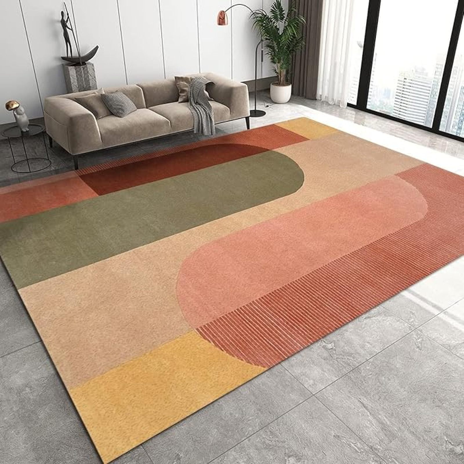 Boho Colorful Geometric Area Rug, Retro Orange Washable Rug, Easy Clean ...