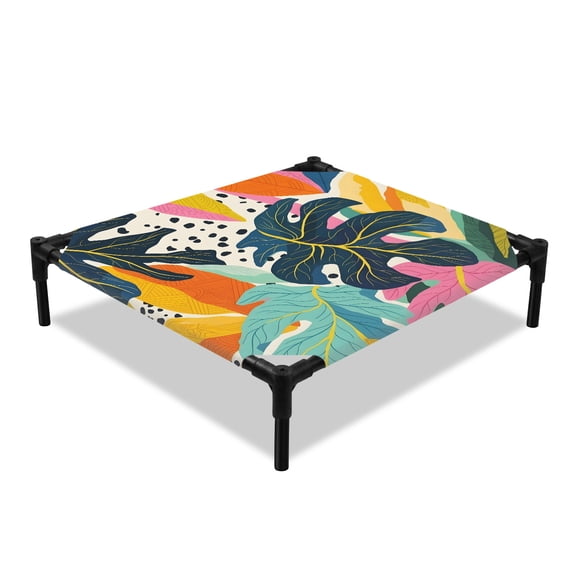 Boho Colorful Leaf Elevated Dog Bed, Bohemian Tropical Blue Green Pink ...