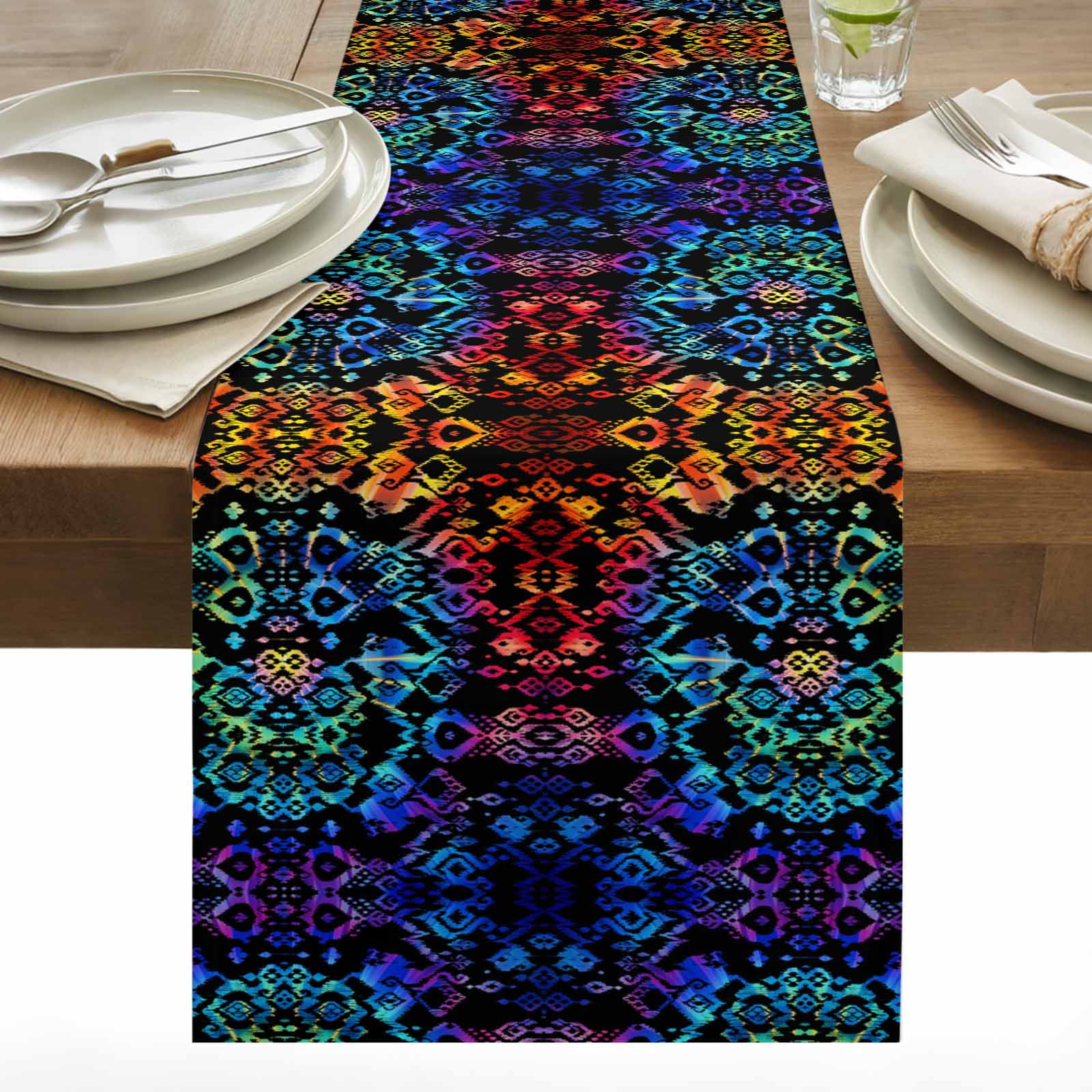 Boho Colorful Table Runner 13x36 inch Abstract Geometric Texture Cotton ...