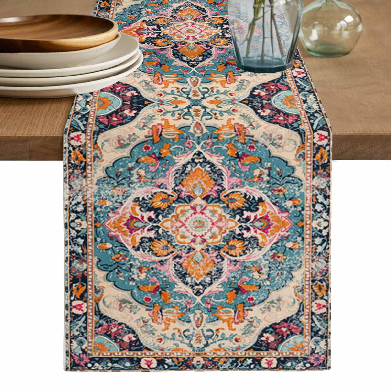 Boho Colorful Table Runner, Ethnic Modern Geometric Abstract Art ...