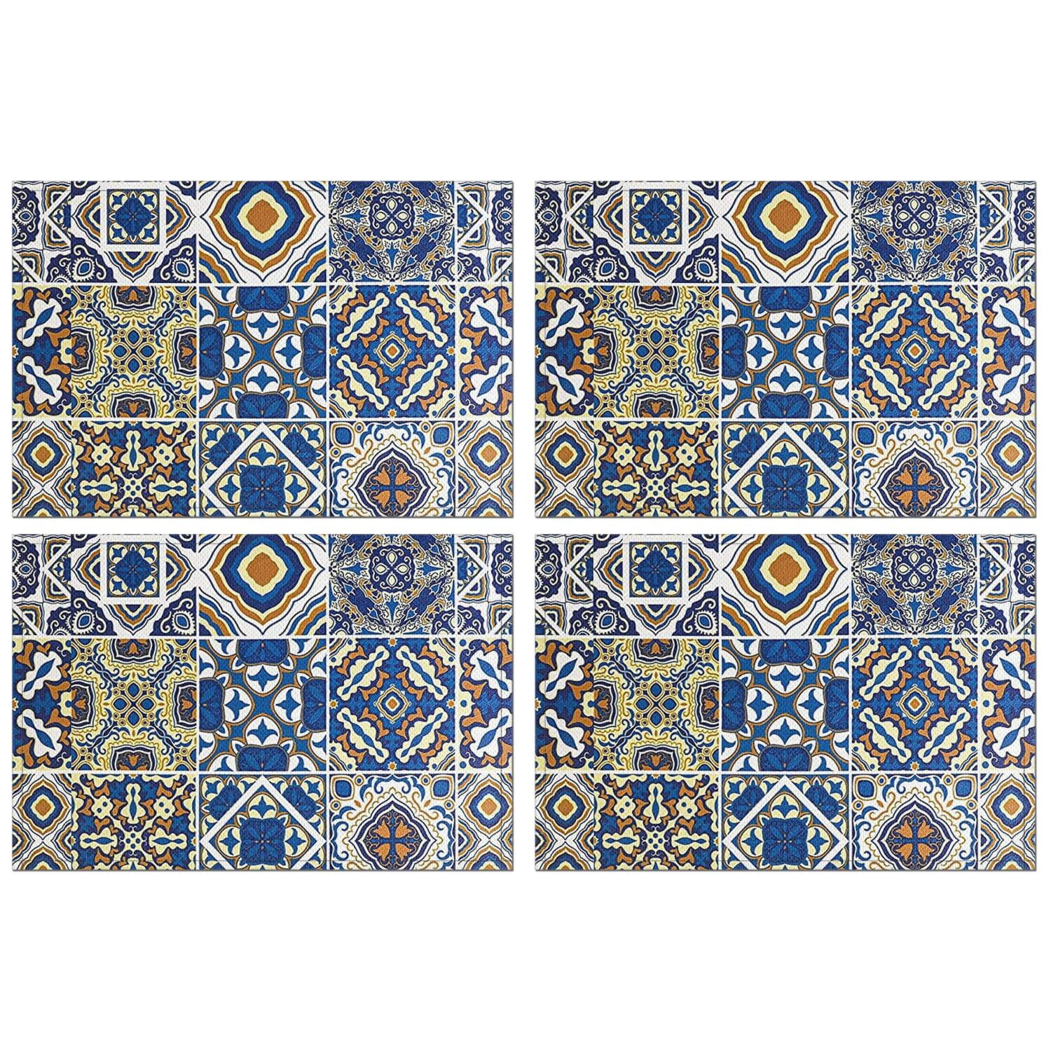 Boho Colorful Tribal Style Flax Placemats Set of 4, 12x18 Inch Floral ...