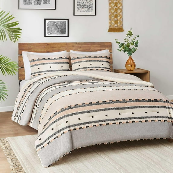 Boho Comforter Set, Modern Farmhouse Full Size Bedding, with Neutral ...