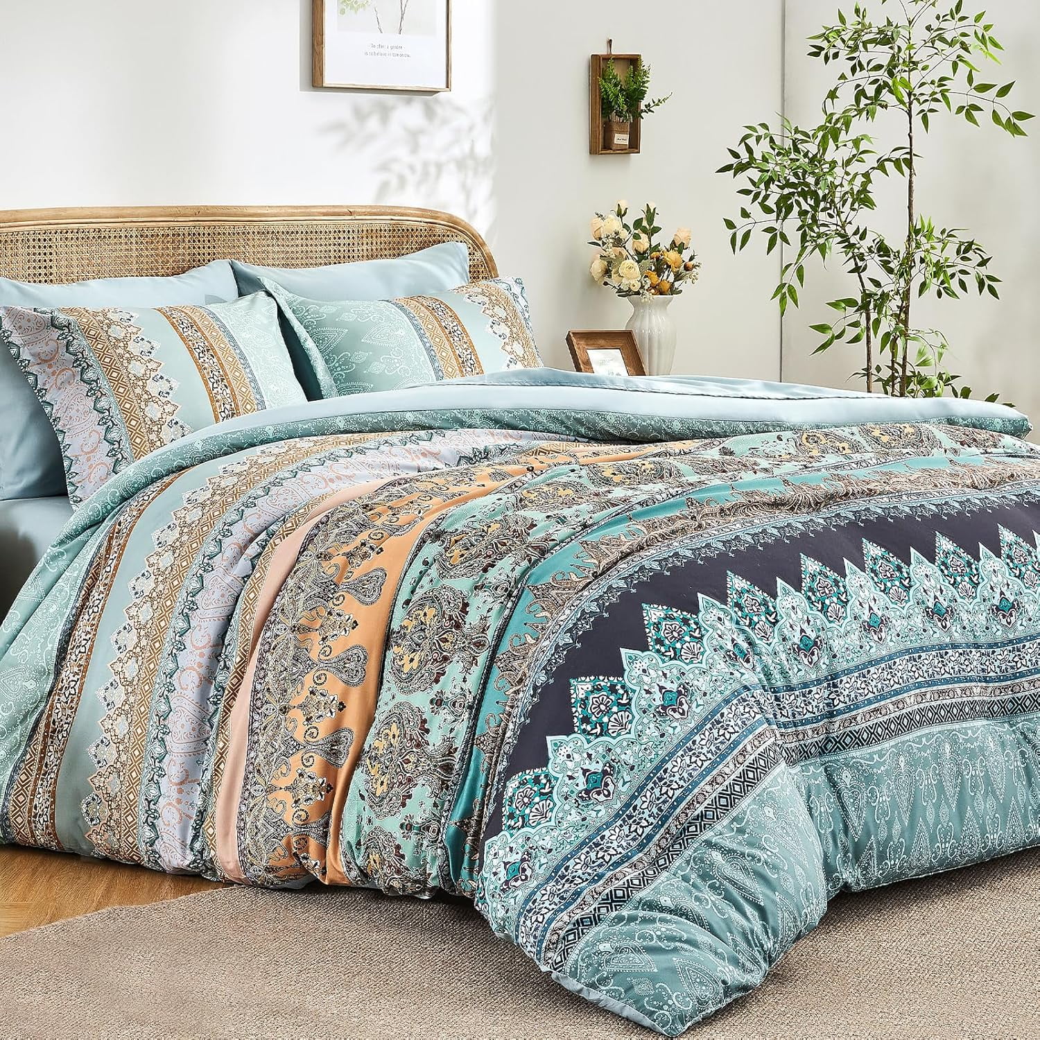 Boho Comforter Set Queen - 7 Pieces Bed in a Bag, Bohemian Striped ...