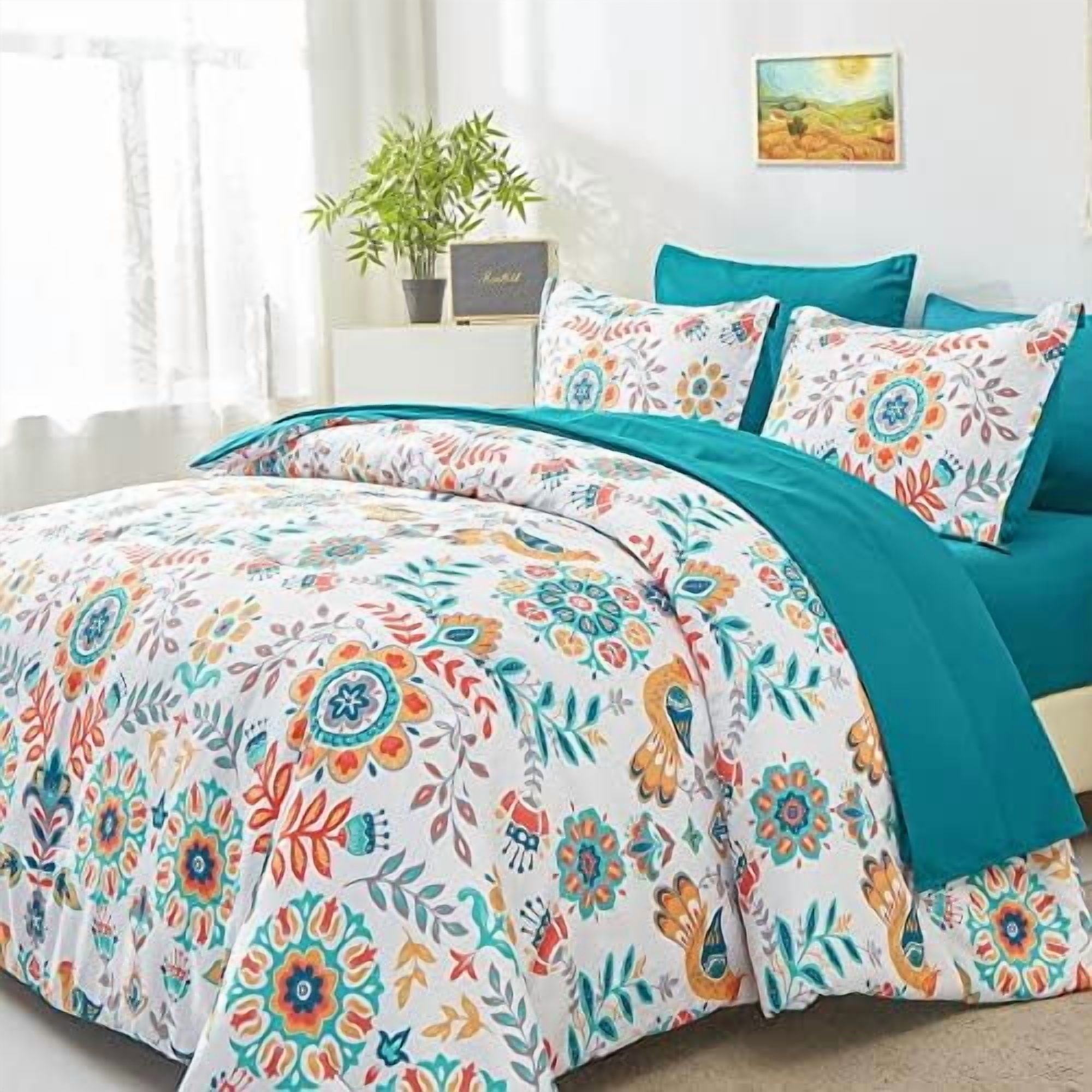 Boho Comforter Set Queen - 7 Pieces Bed in a Bag Floral Medallions ...