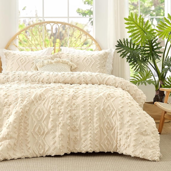 Boho Comforter Set Queen Size, 3 Piece Beige Boho Bedding Set, Rustic ...