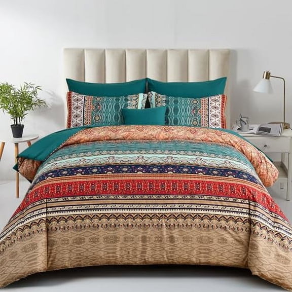Boho King Size Comforter Set 8 Pieces,Green and Brown Bohemian Striped ...
