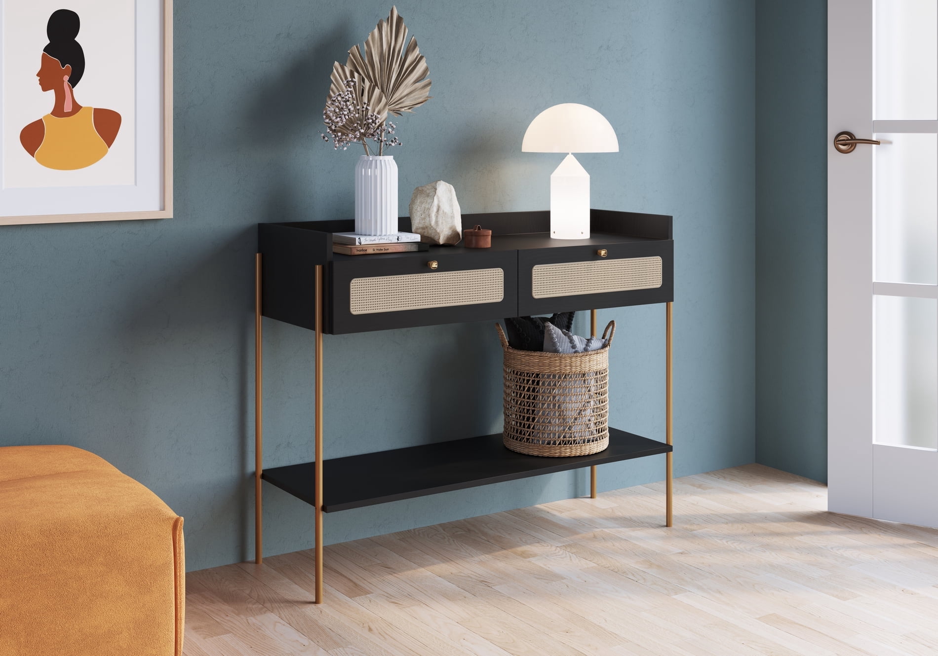 Boho Console Entry Table with Iron Gold Legs, Rattan 2-Drawer, Nero ...