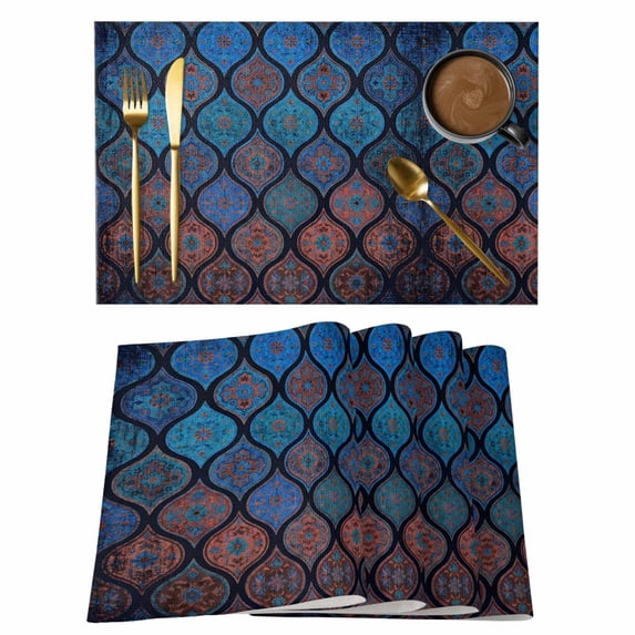 Boho Cotton Linen Placemats Set of 1, Moroccan Trellis Blue Red Black ...