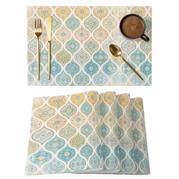 Boho Cotton Linen Placemats Set of 4, Moroccan Trellis Yellow Argyle ...