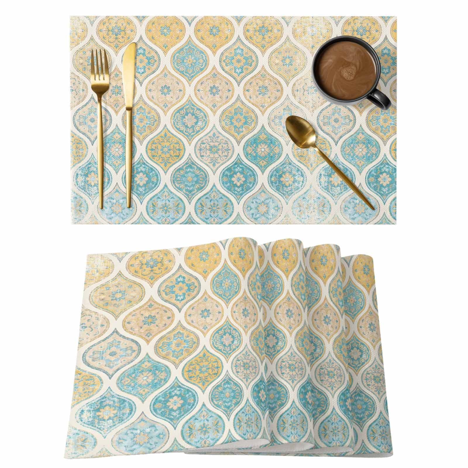 Boho Cotton Linen Placemats Set of 8, Moroccan Trellis Yellow Argyle ...