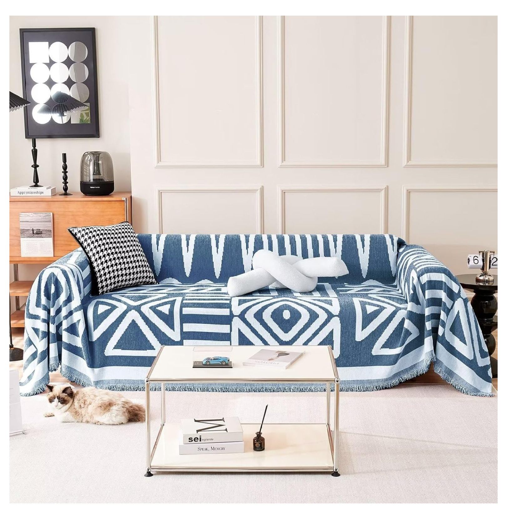 Boho Couch Cover Modern Dark Blue White Triangle Plaid Geometry ...