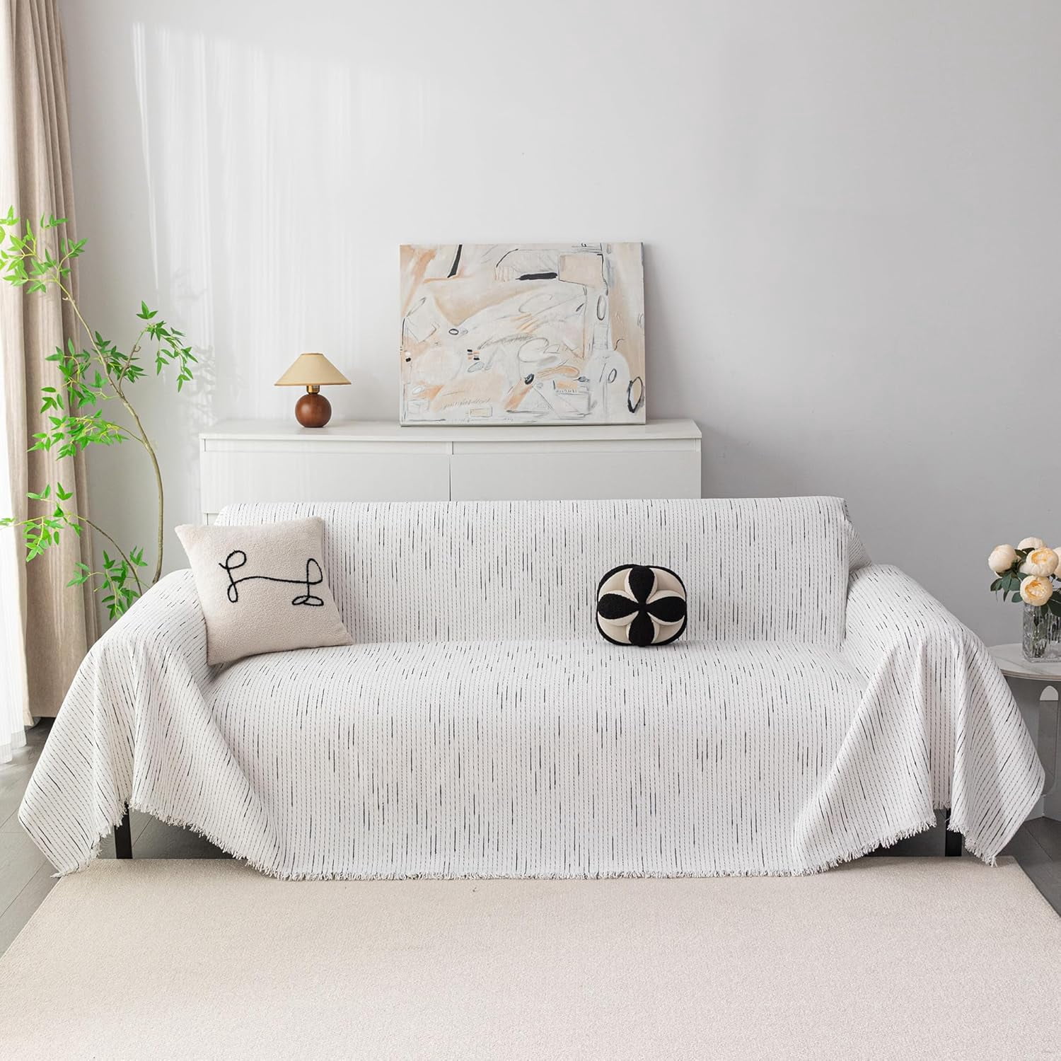 Boho Couch Cover White Sofa Slipcover with Tassels Farmhouse Chenille ...
