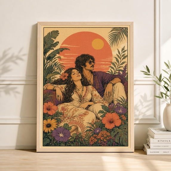 Boho Couple Poster, Floral Linocut Style Paper Wall Art, Retro Bohemian ...