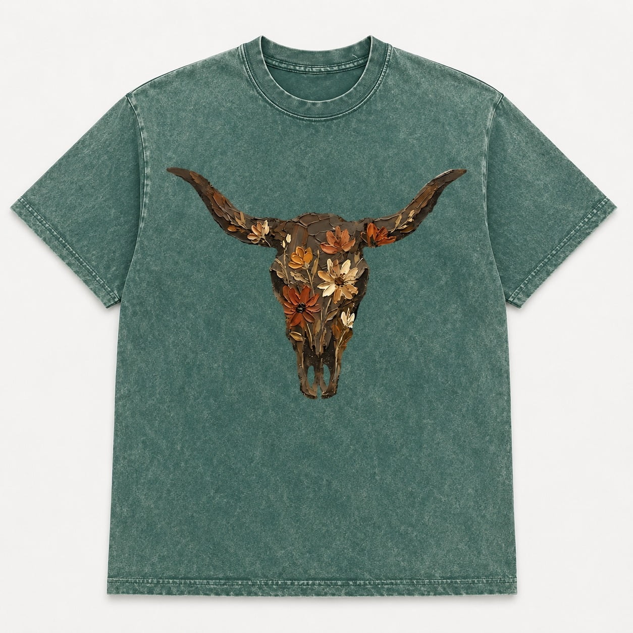 Boho Cow Skull Mineral Wash T-Shirt, Western Floral Bull Skull Graphic ...
