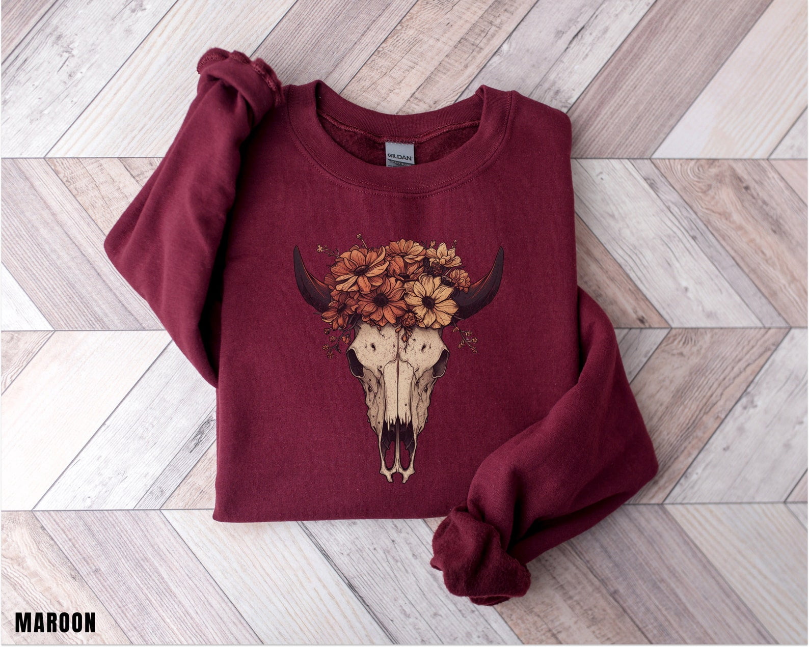 Boho Cow Skull Sweatshirt Wild West Longhorn Design Rustic Western ...