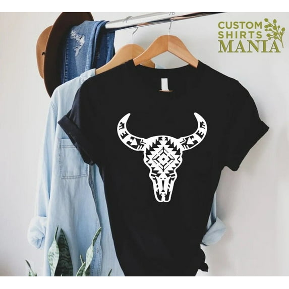 Boho Cow Skull Tshirt, Western Aztec Bull Skull Tshirt, Western Life ...