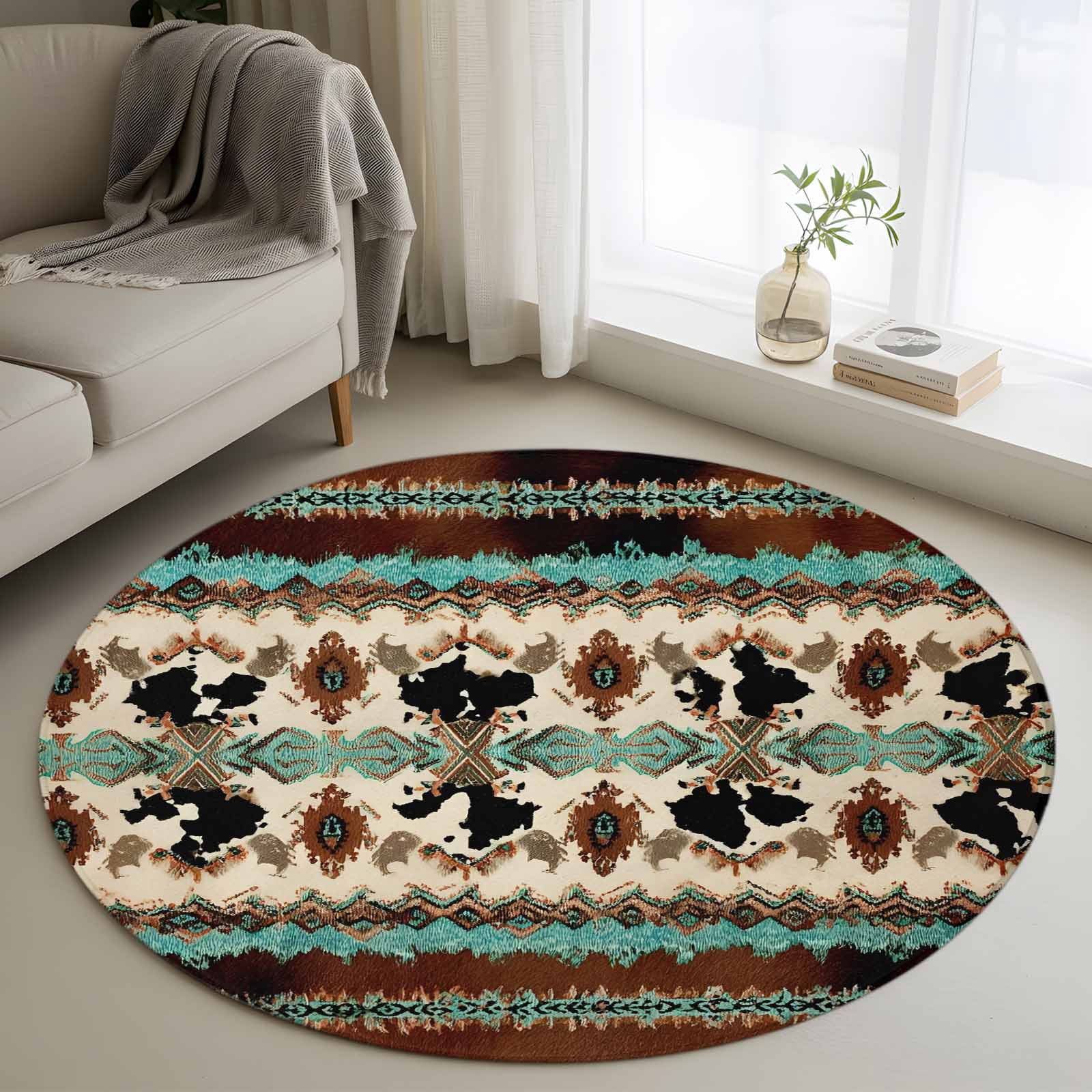 Boho Cowhide 3FT Round Area Rugs Western Aztec Tribal Green Brown Cow ...