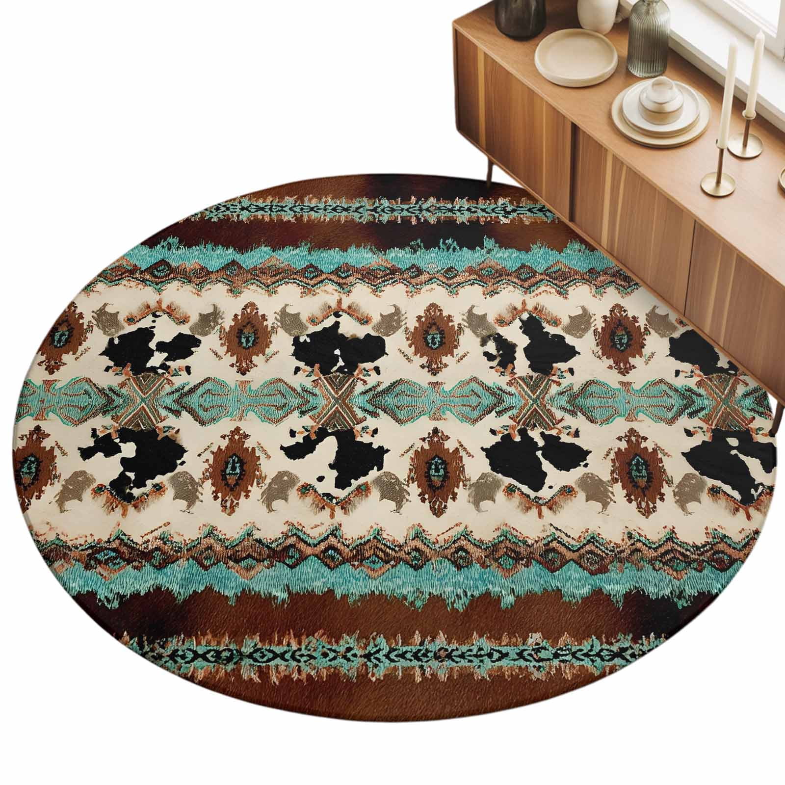 Boho Cowhide Area Rug, Western Aztec Tribal Green Brown Cow Texture Non ...