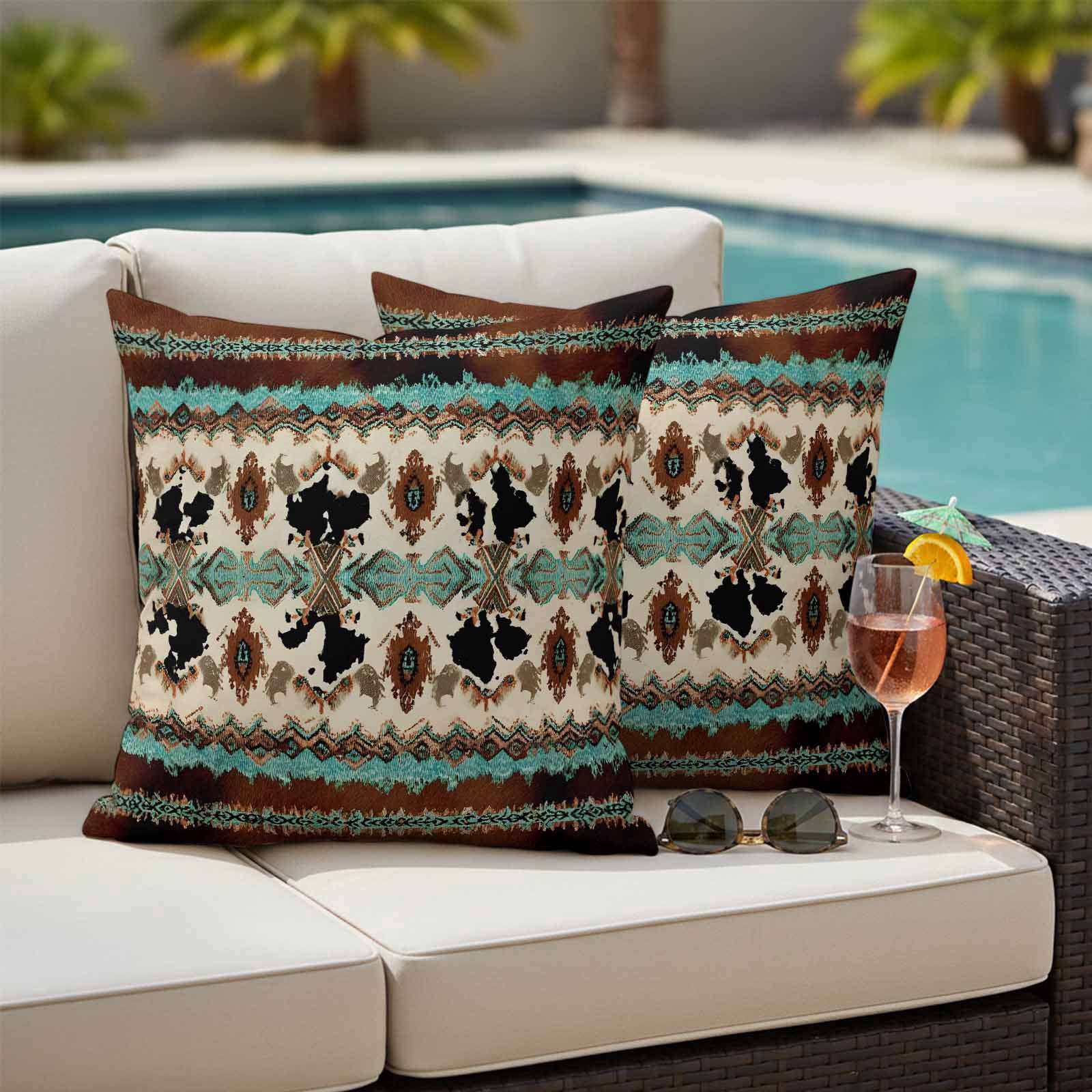 Boho Cowhide Outdoor Throw Pillow Covers Set of 2, Western Aztec Tribal ...