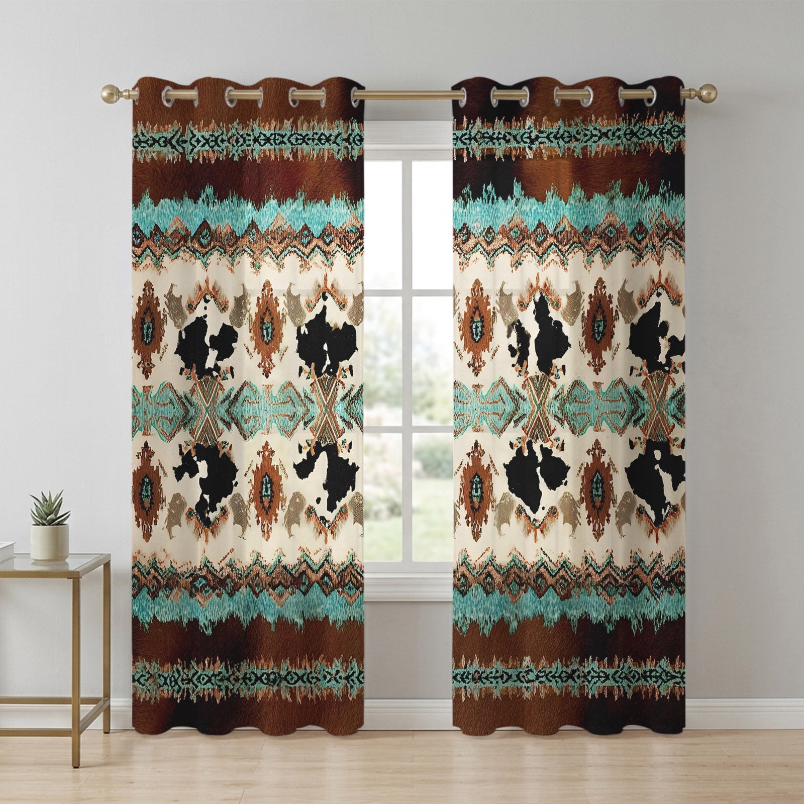 Boho Cowhide Sheer Curtains 96 Inch Long 2 Panels, Western Aztec Tribal ...