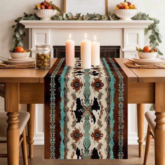 Boho Cowhide Table Runner, Western Aztec Tribal Green Brown Cow Texture ...