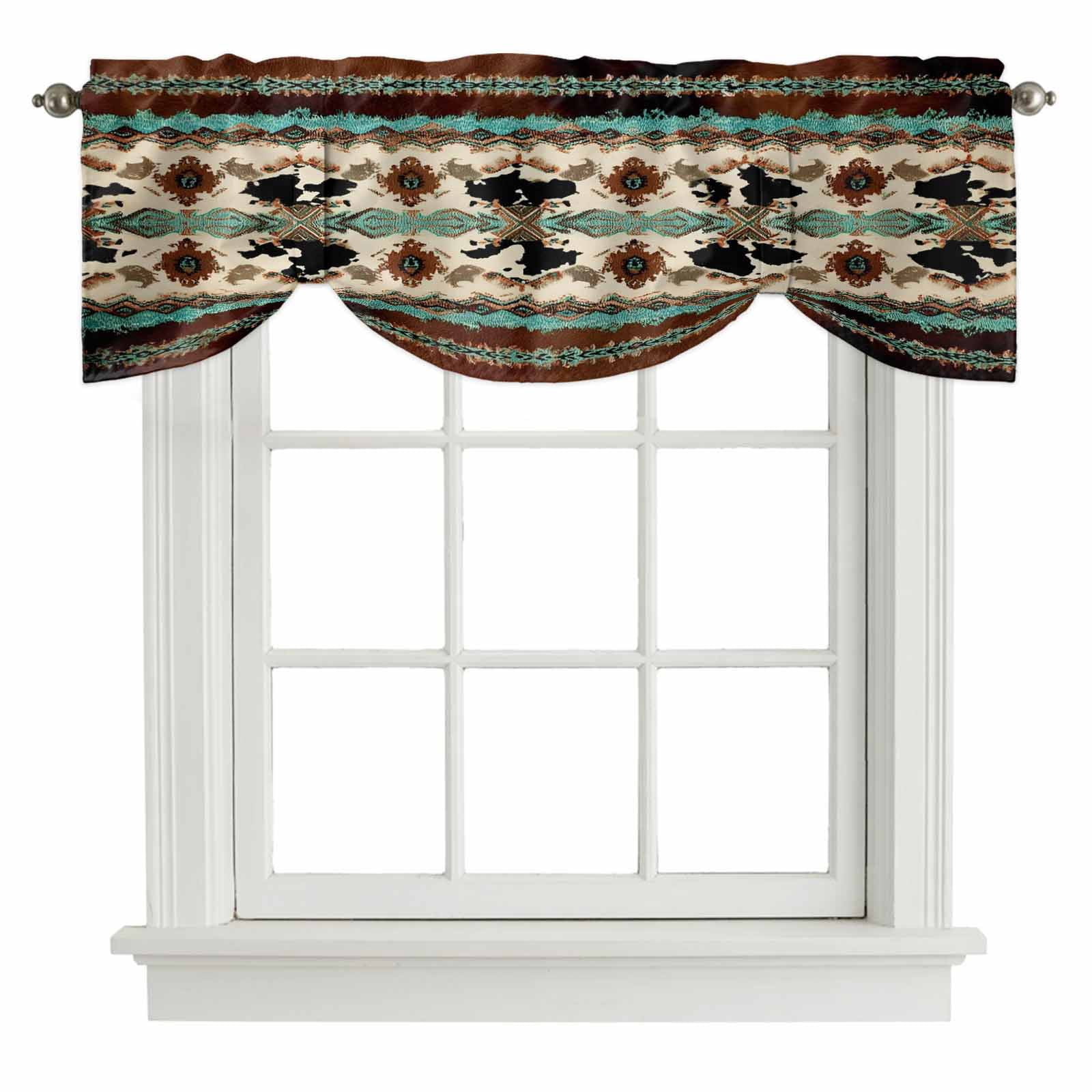 Boho Cowhide Tie Up Valance Curtains Western Aztec Tribal Green Brown ...