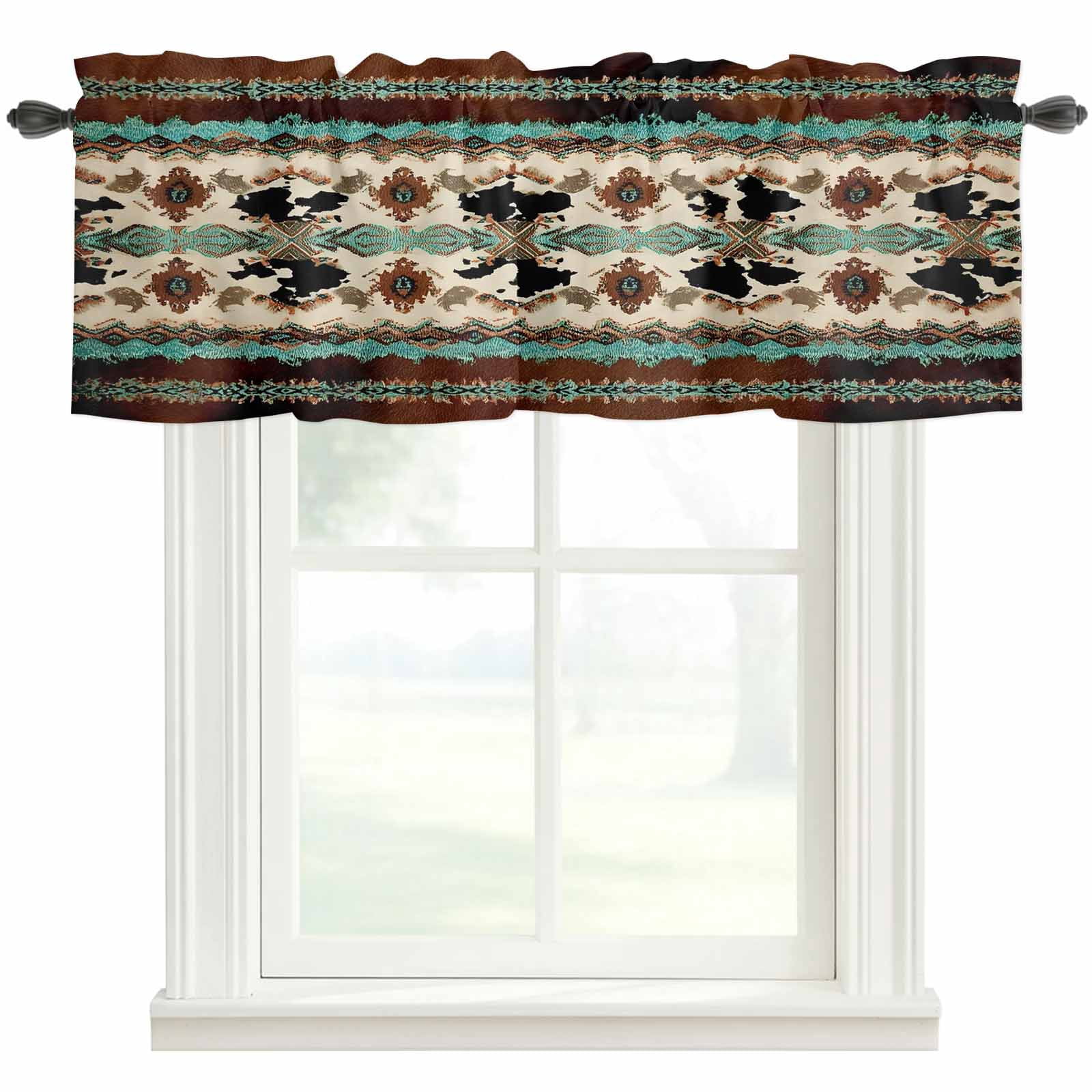 Boho Cowhide Valances for Windows Western Aztec Tribal Green Brown Cow ...