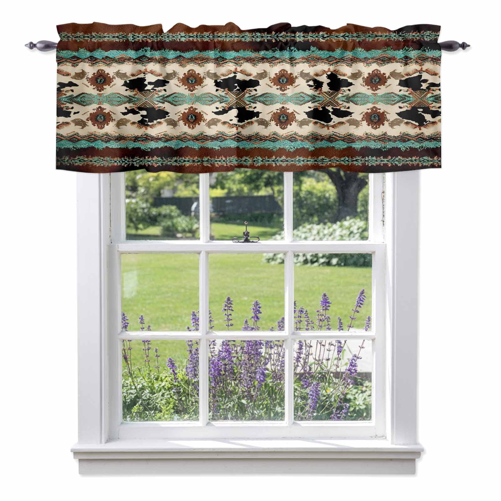Boho Cowhide Valances for Windows Western Aztec Tribal Green Brown Cow ...