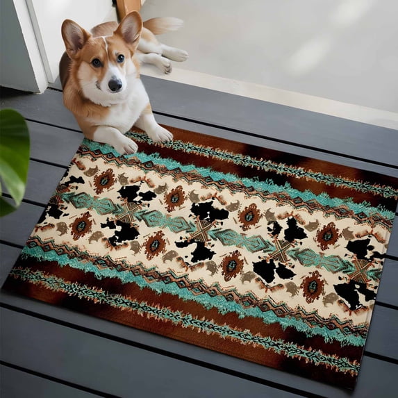 Boho Cowhide Washable Entry Rug 2x3 Western Aztec Tribal Green Brown ...
