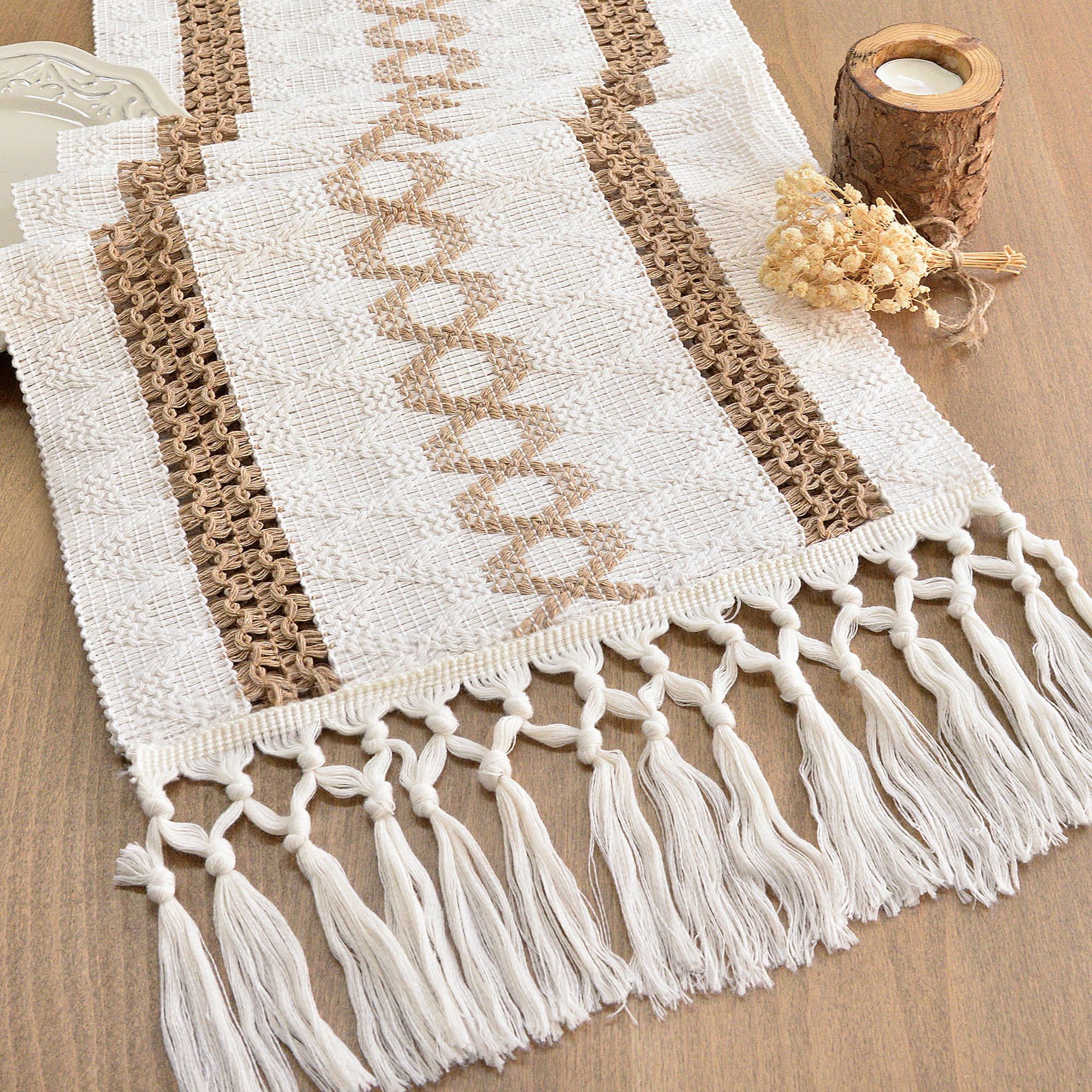 Boho Cream Table Runner with Tassels 36 Inch Farmhouse Kitchen Dining ...