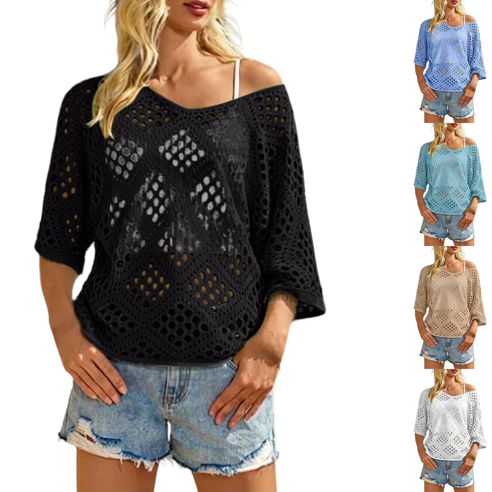 Boho Crochet Cover Up Top for Women, Open Knit Off-Shoulder Blouse with ...