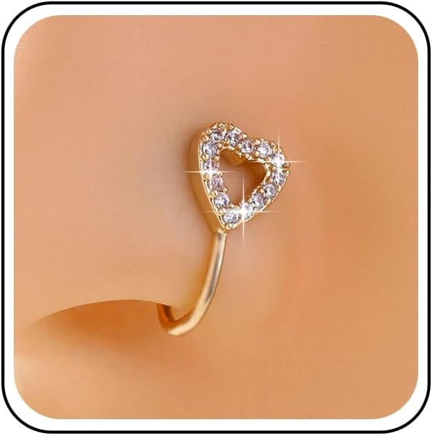 Boho Crystal Heart Nose Ring Hoop Gold Cz Heart Nose Ring Stud Small ...
