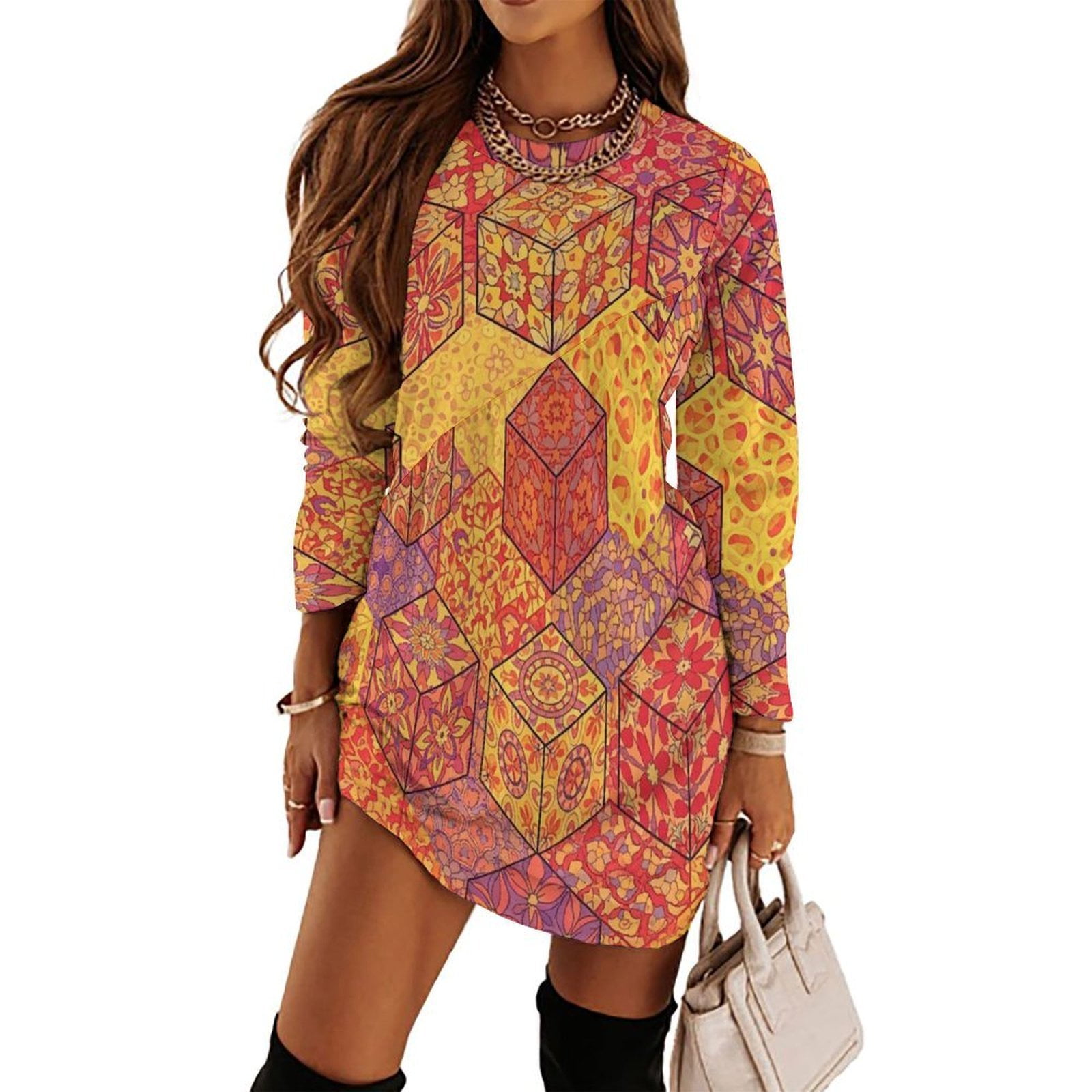 Boho Cube Pattern Loose Dress Evening Dress Summer Dresses for Women ...
