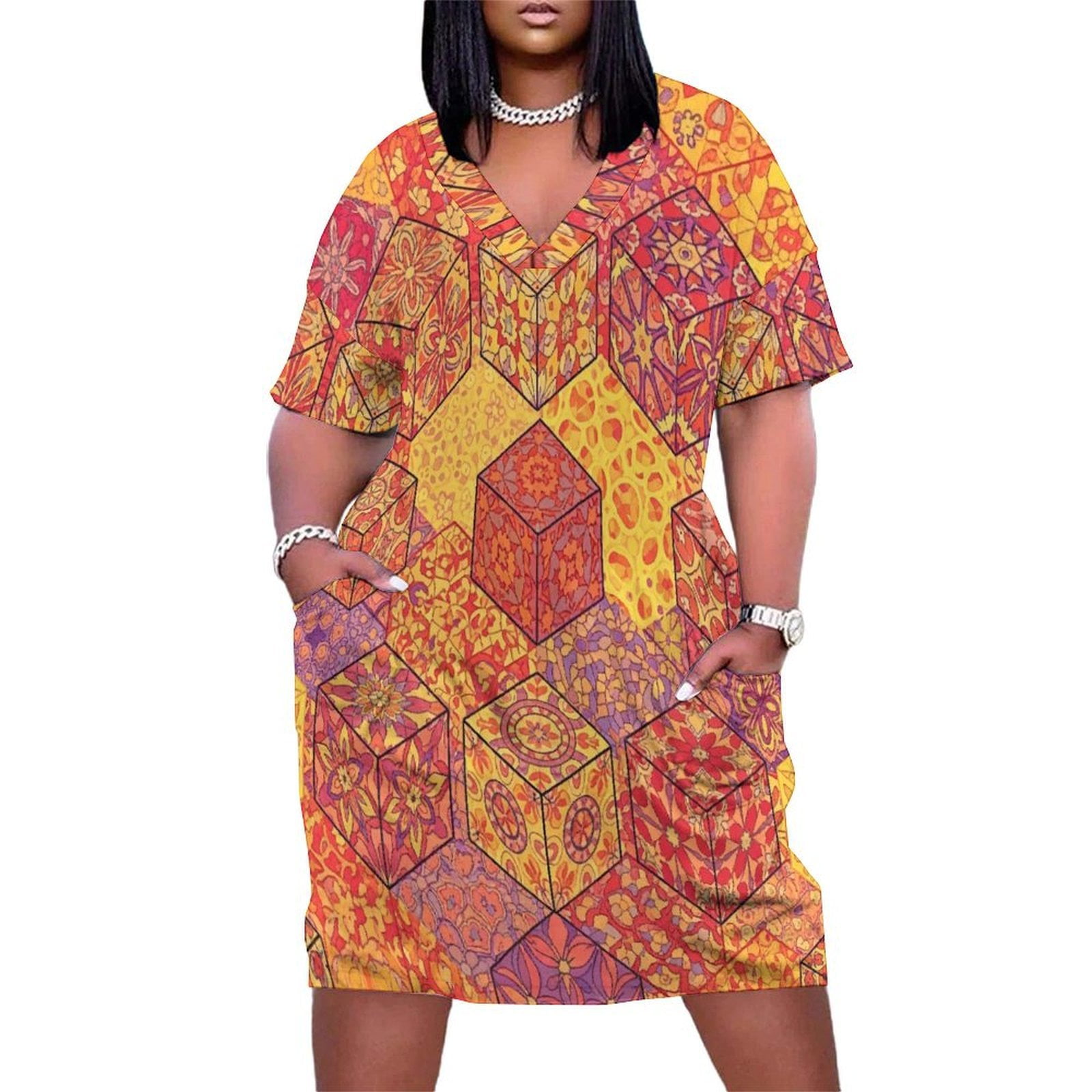 Boho Cube Pattern Loose Pocket Dress Dresses Summer Summer Dresses for ...