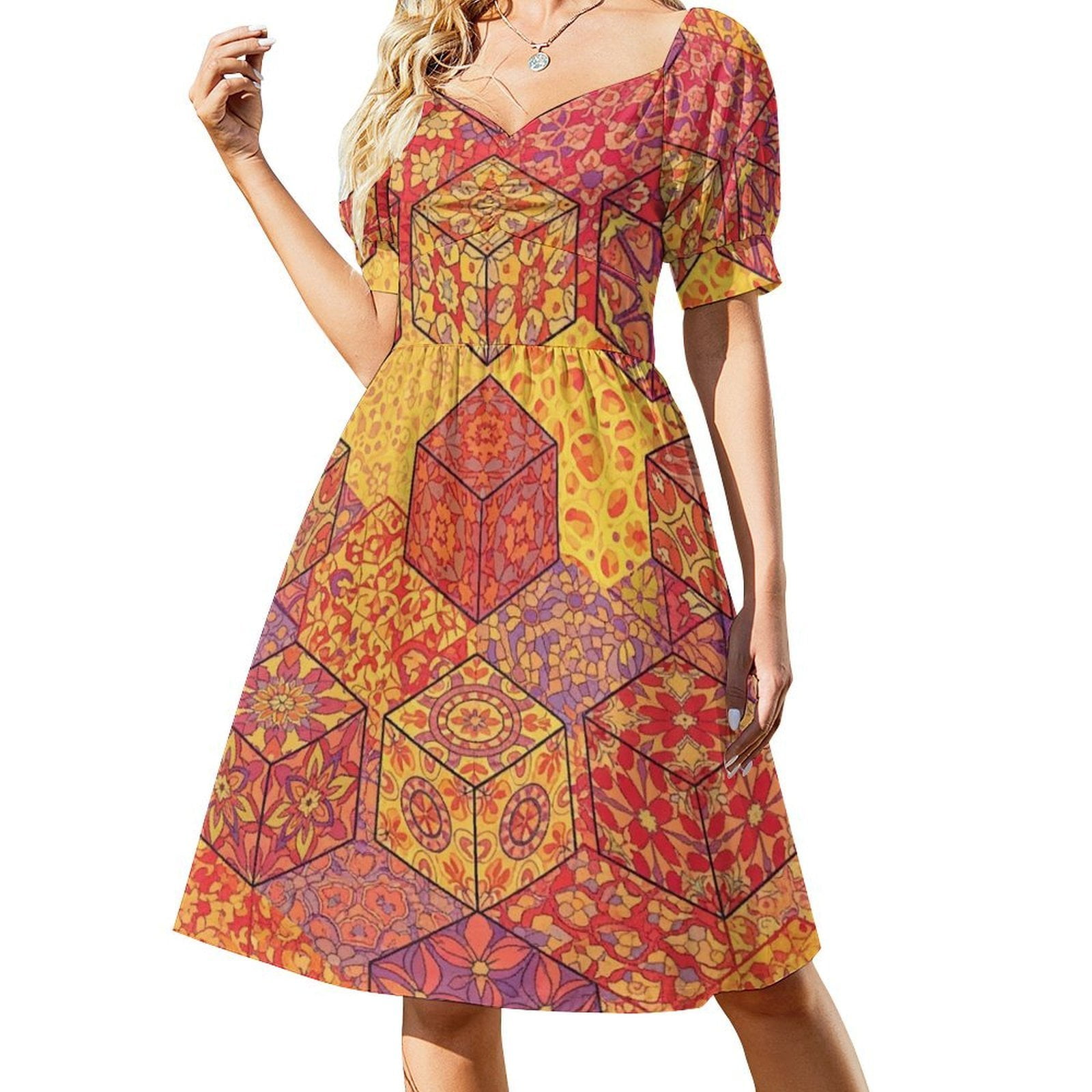 Boho Cube Pattern Short Sleeve Dress Clothes Women's Summer Dress ...