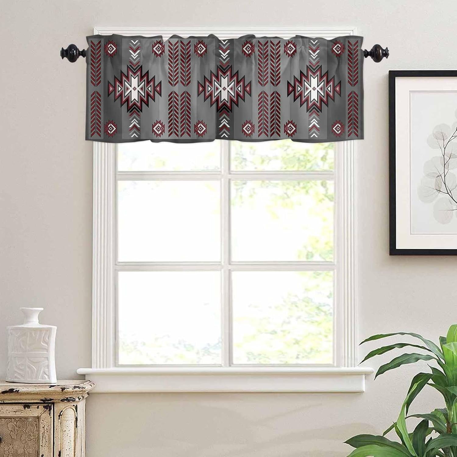 Boho Curtain Valances for Windows, Farmhouse Style Aztec Moroccan Red ...