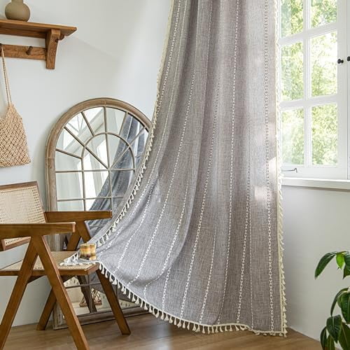 Boho Curtains for Bedroom Living Room, Semi Blackout Linen Farmhouse ...
