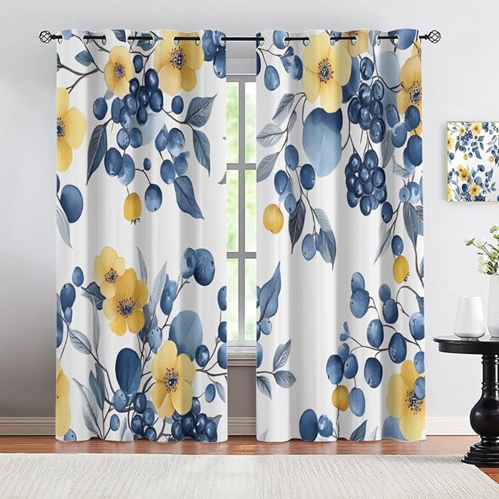 Boho Curtains, Blueberry Flowers Blackout Curtains, Watercolor Yellow ...