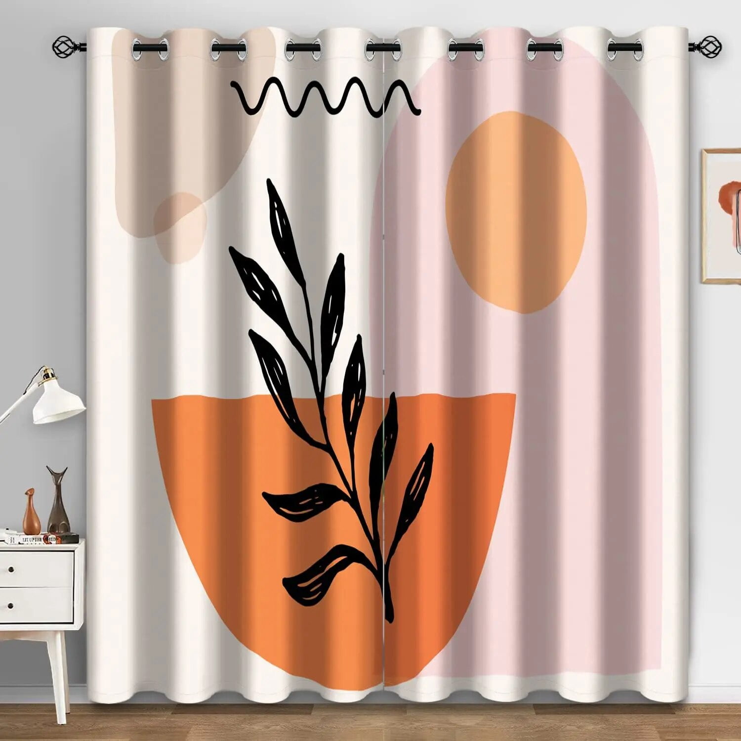 Boho Curtains Modern Abstract Art Minimalist Arch Line Leaves Bohemian ...