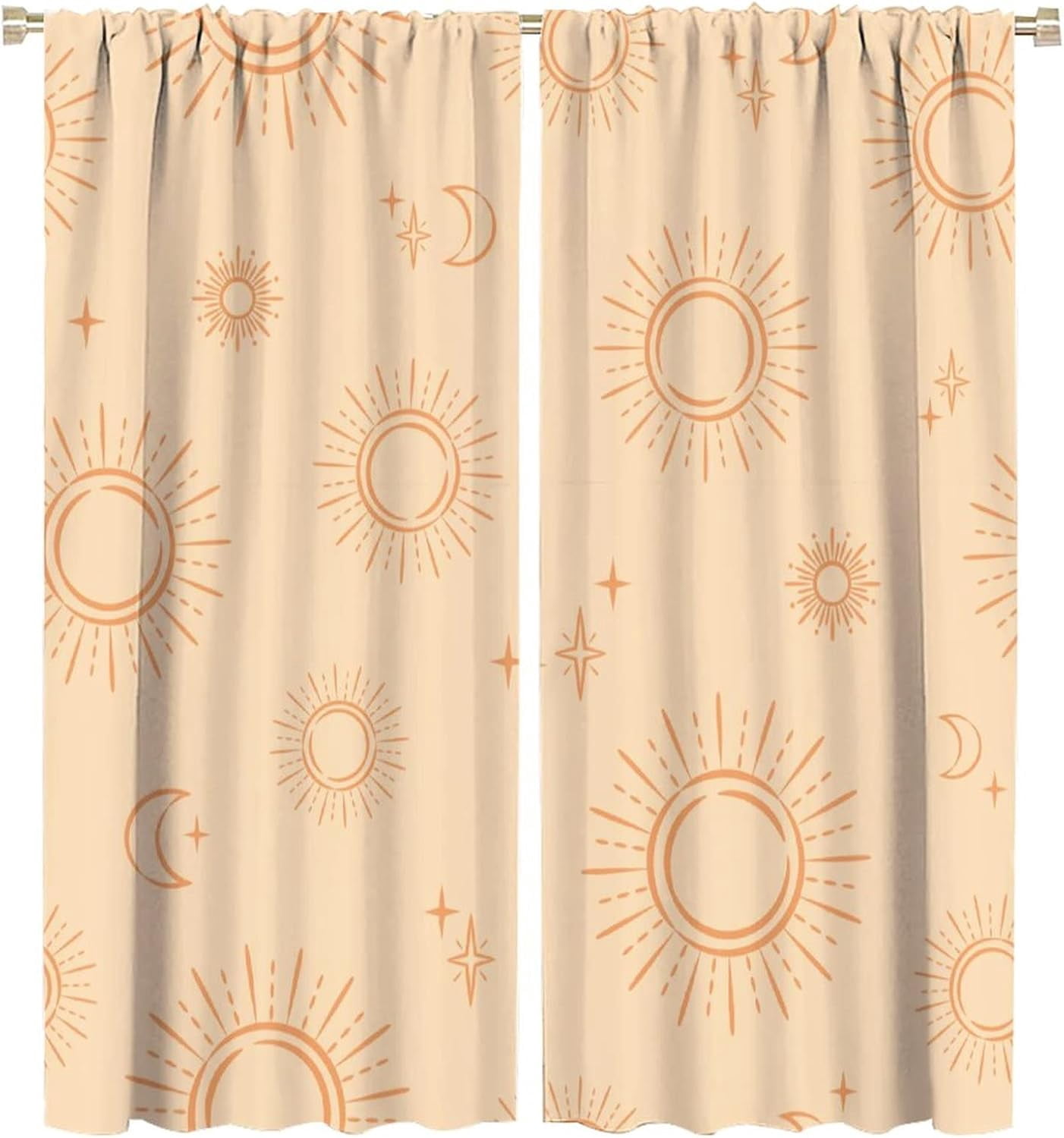 Boho Curtains Orange Sun Moon Pattern Blackout Print Rod Pocket Window ...