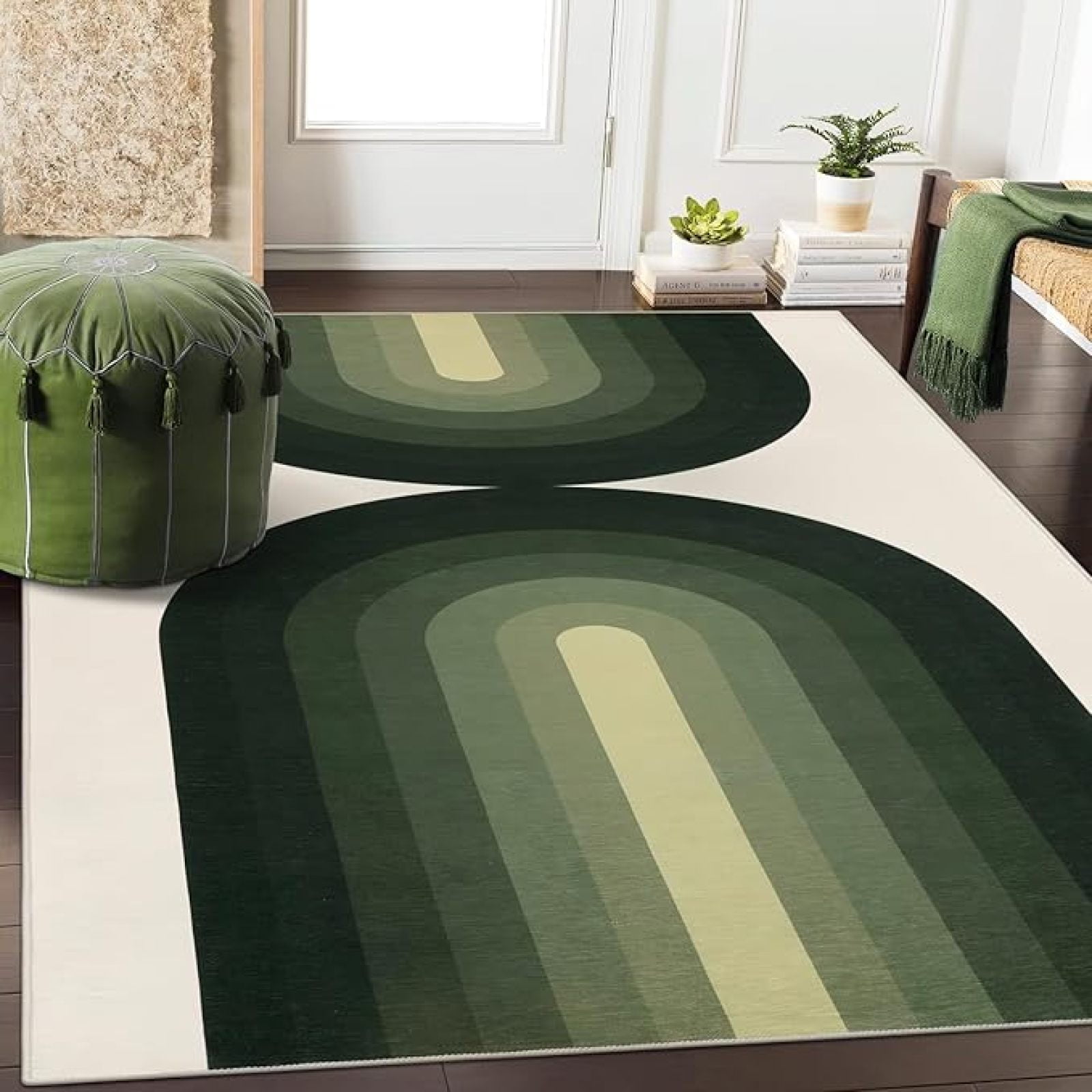 Boho Cyan Rainbow Area Rug, Abstract Arched Stripes Non Slip Noise ...