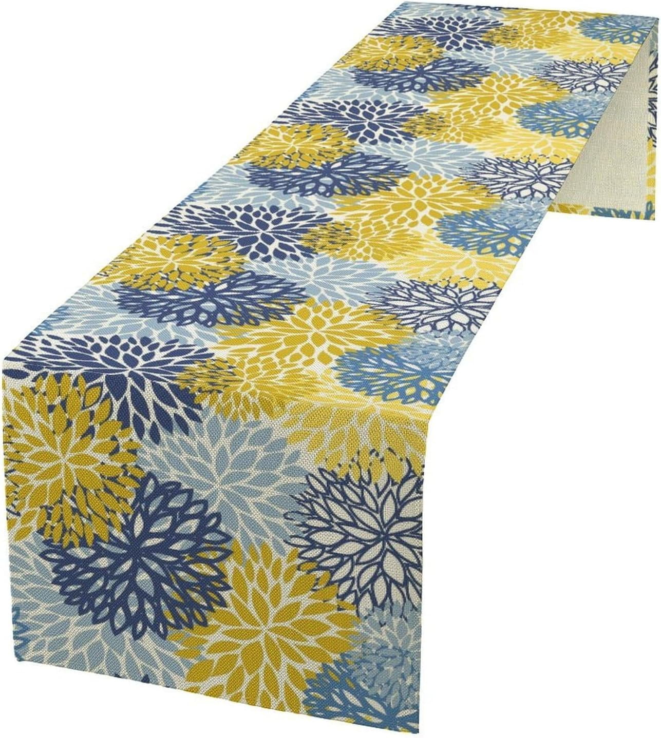 Boho Dahlia Flowers Table Runner Blue Yellow Chrysanthemum Floral ...