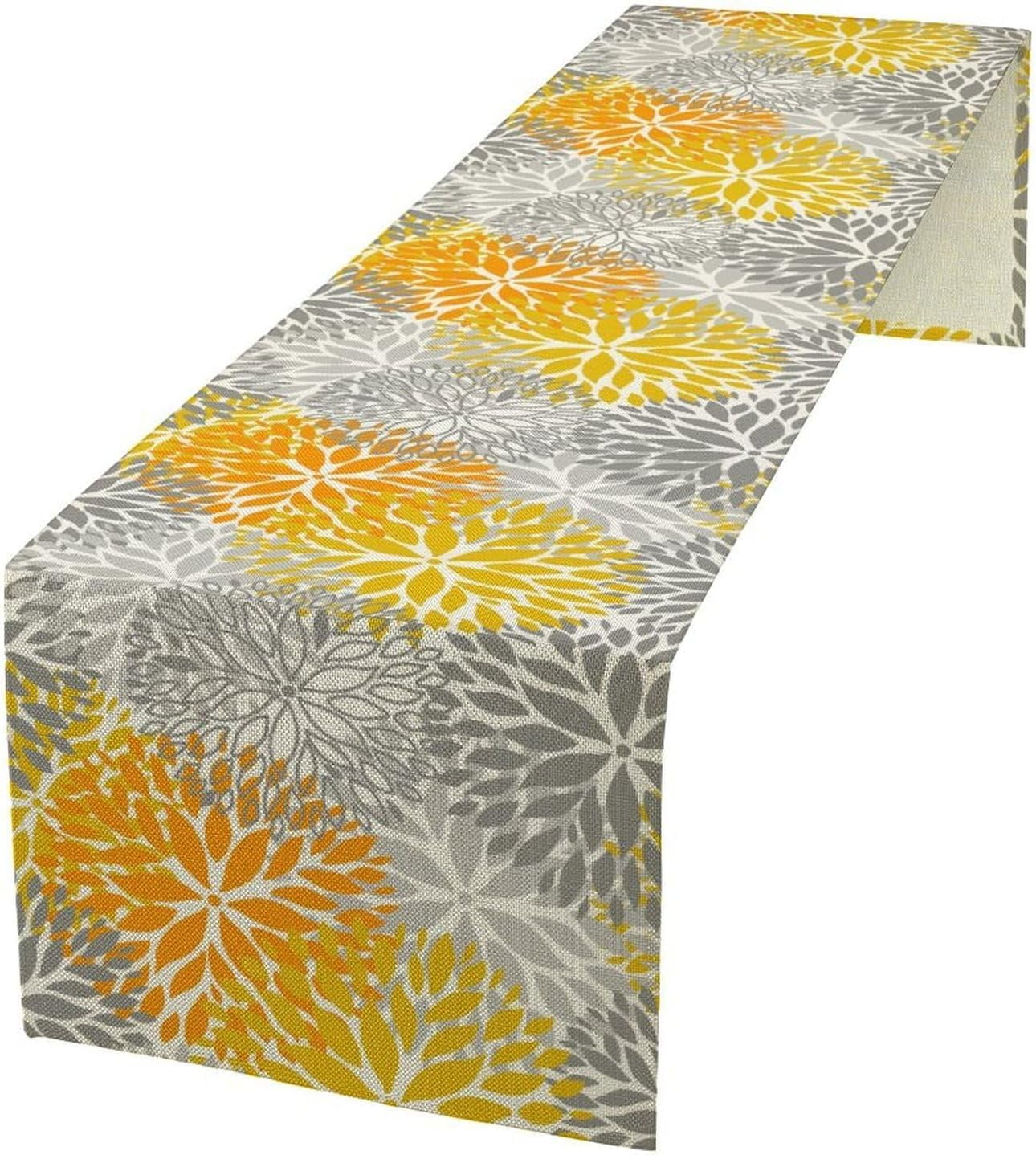 Boho Dahlia Flowers Table Runner Orange Grey Chrysanthemum Floral ...