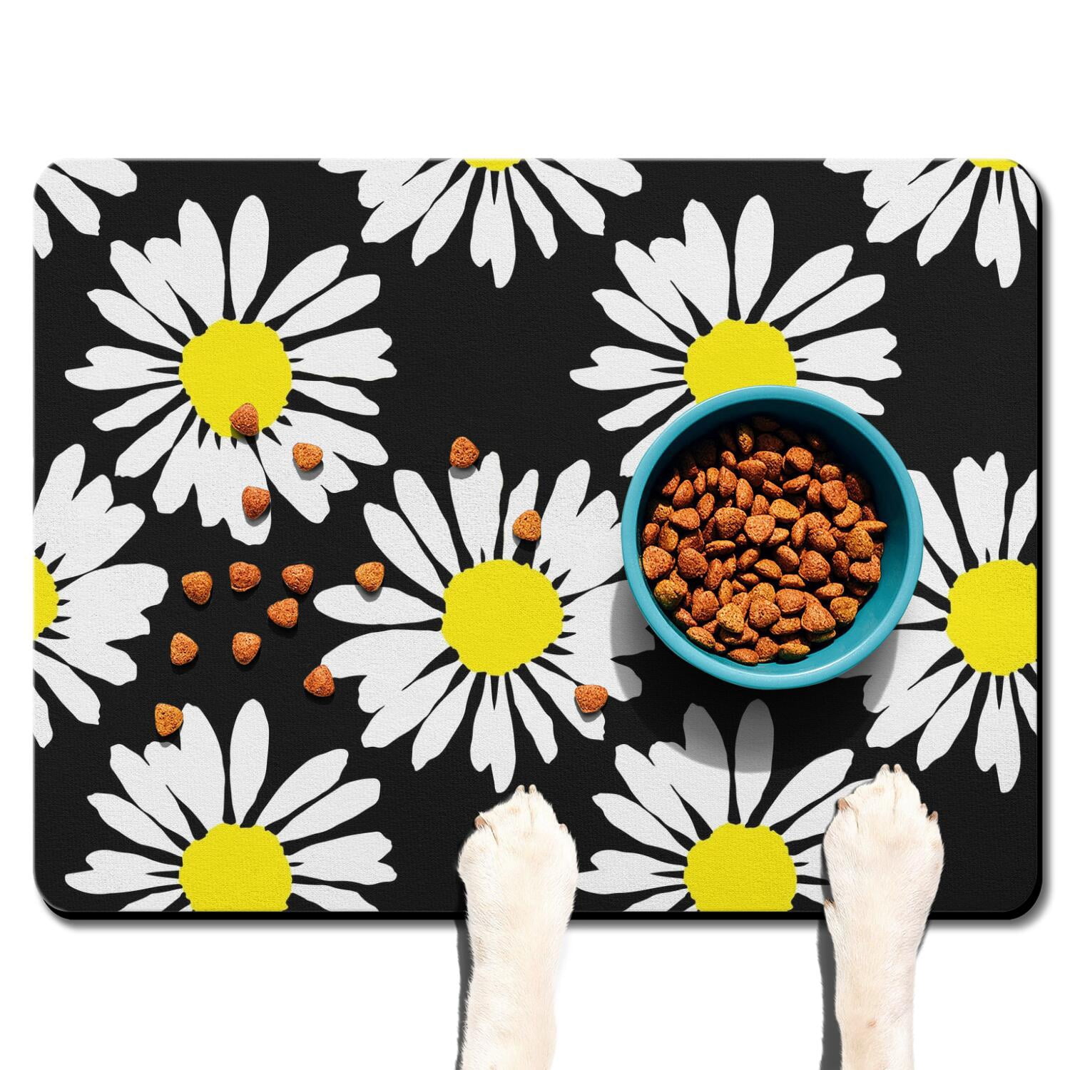 Boho Daisy Dog Food Mat with Artistic Floral Print, Non-Slip Absorbent ...