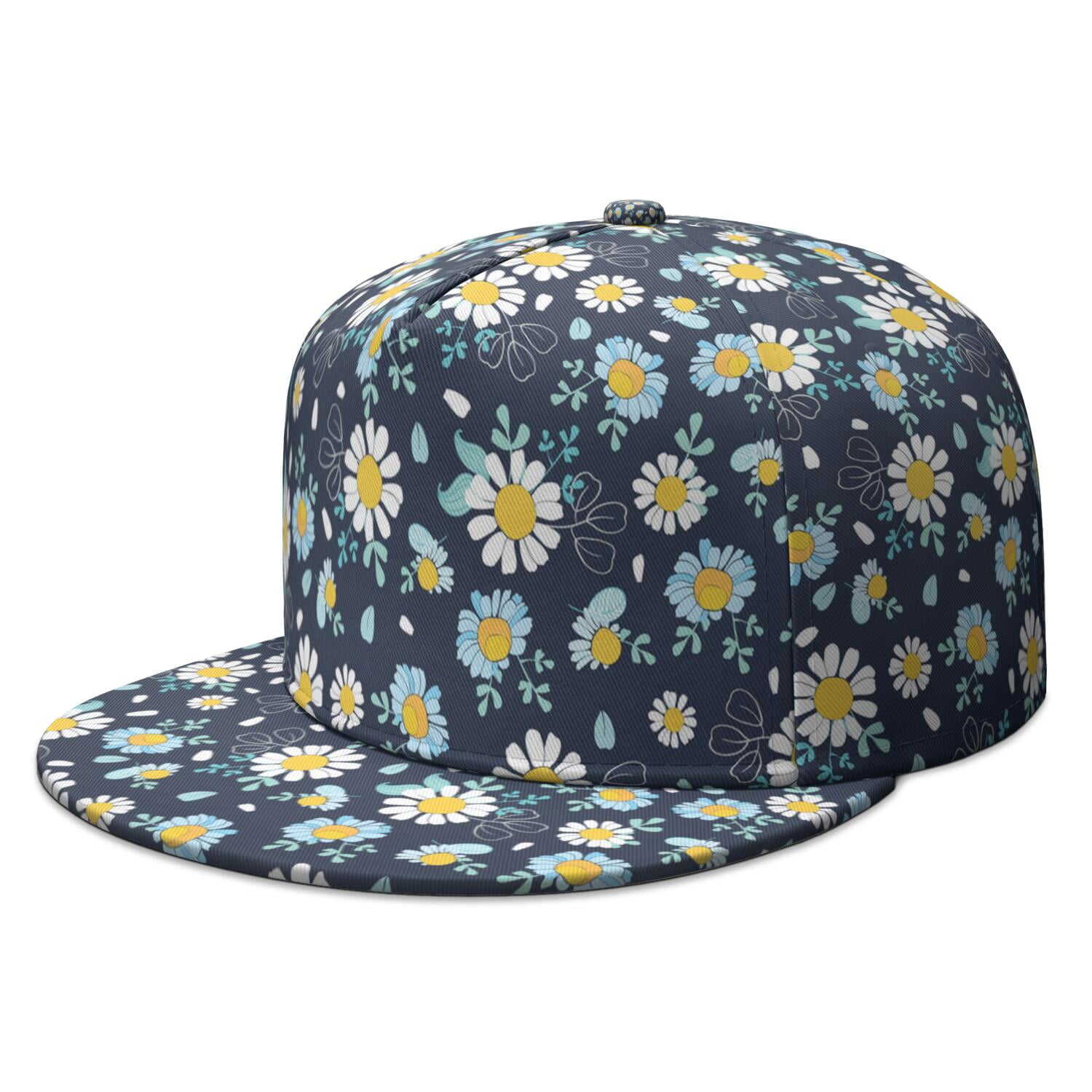 Boho Daisy Flat Brim Hat - Artistic Wildflower Print Snapback Cap ...