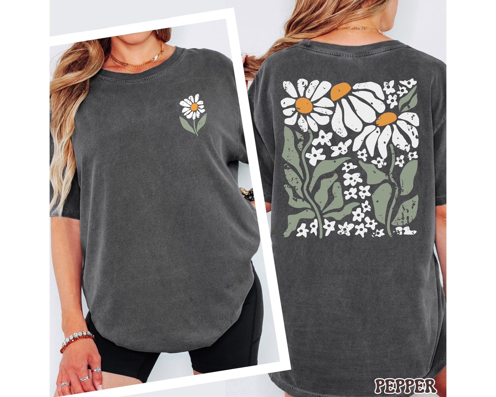 Boho Daisy Flower Front and Back Tee Botanical Shirt Wildflower Graphic ...