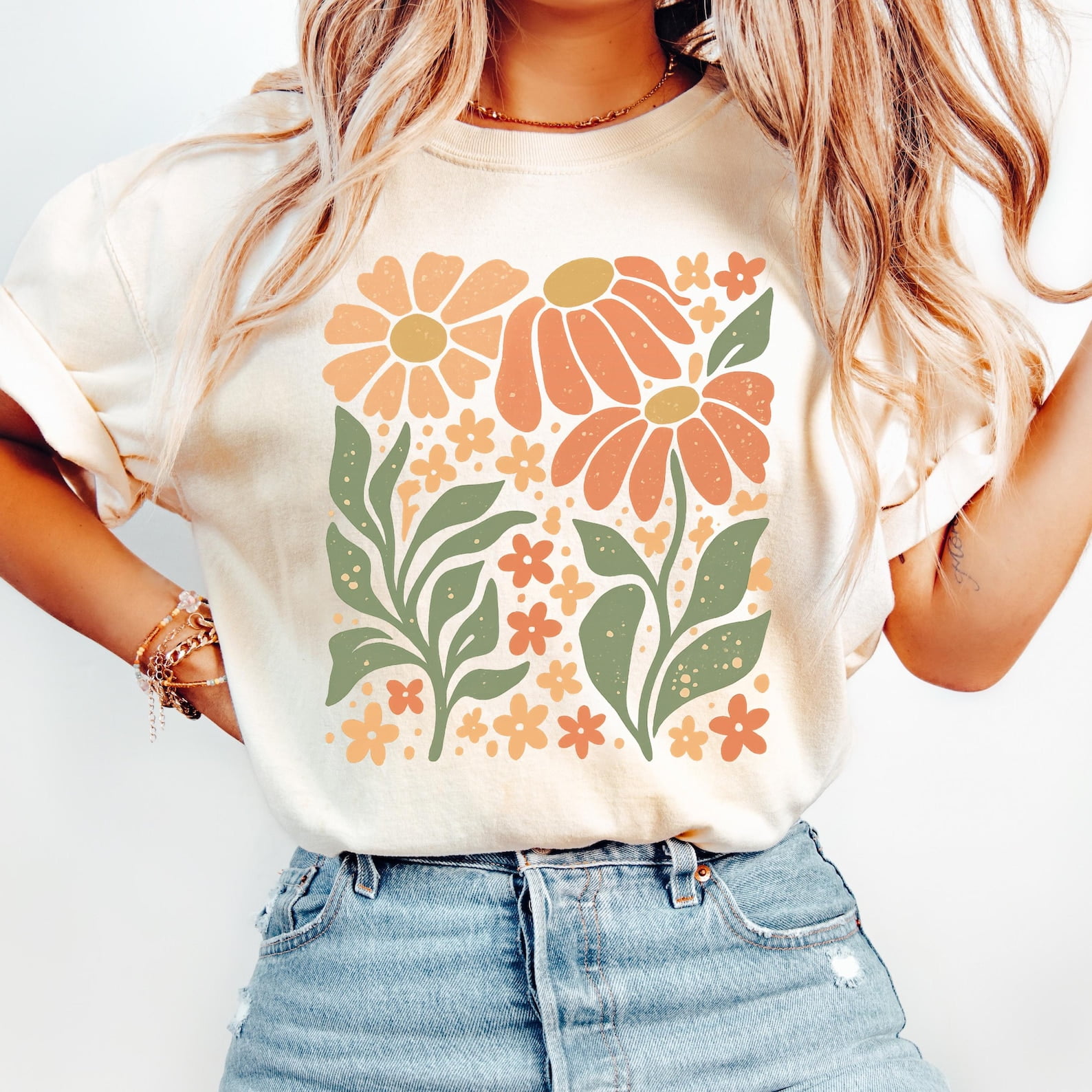 Boho Daisy Flower Tee Retro Floral Botanical Shirt - Walmart.com