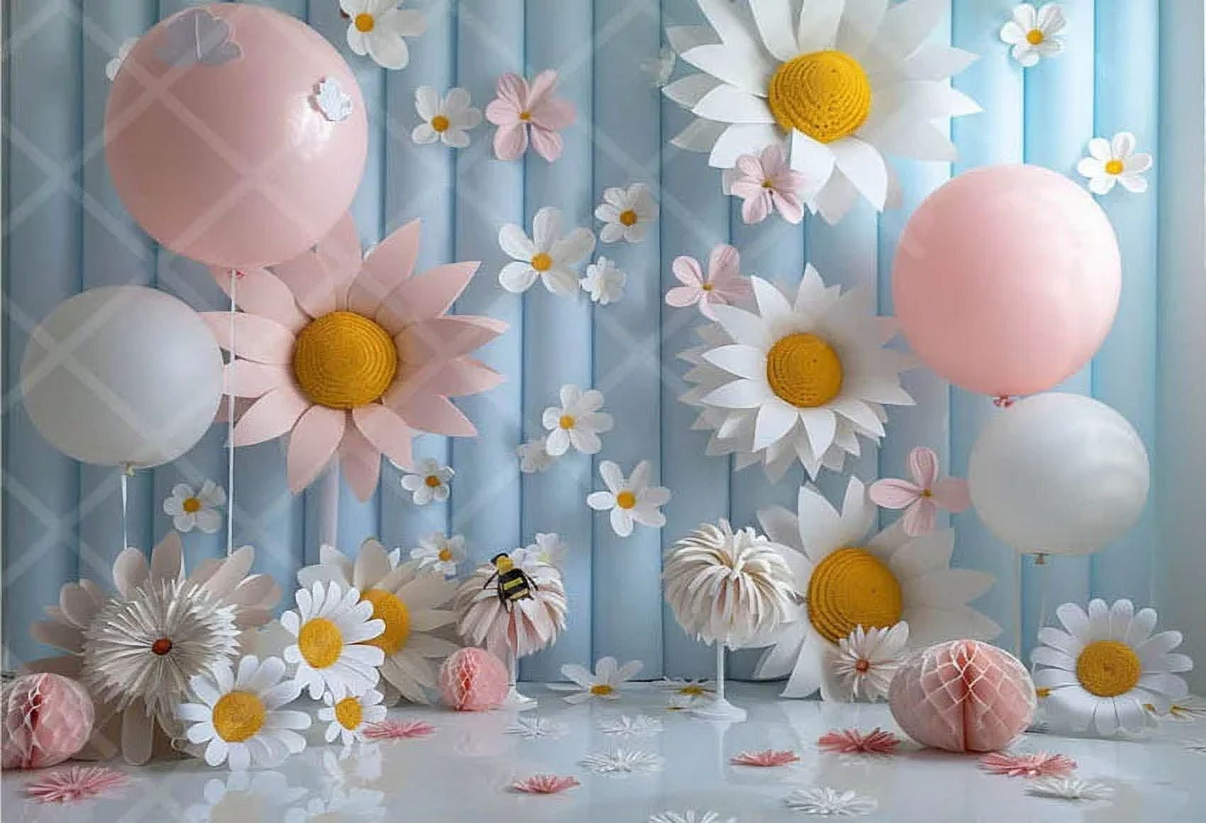 Boho Daisy Flowers Balloon Girl Birthday Party Cake Smash Portrait r ...