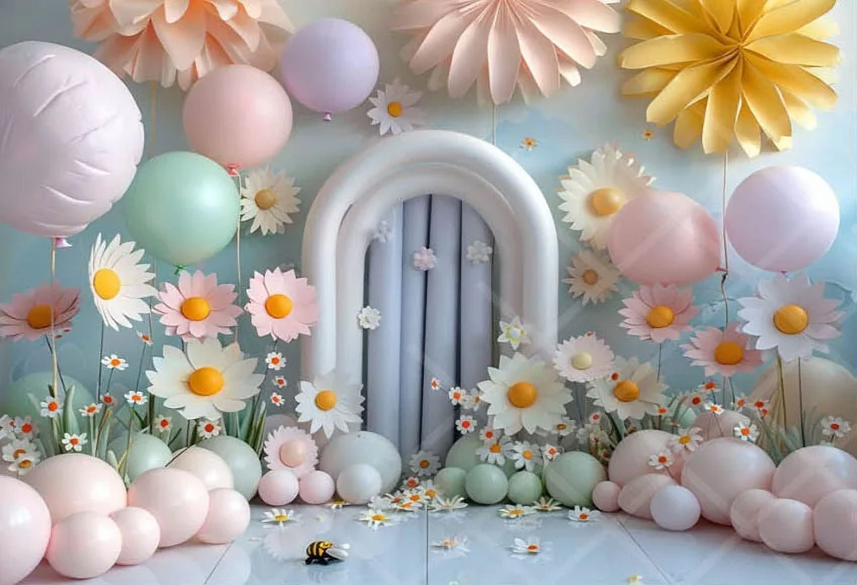 Boho Daisy Flowers Balloon Girl Birthday Party Cake Smash Portrait r ...