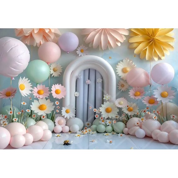 Boho Daisy Flowers Balloon Girl Birthday Party Cake Smash Portrait r ...